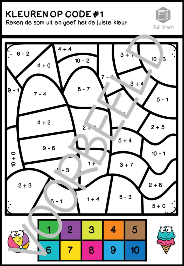 KLEUREN OP CODE: OPTELLEN & AFTREKKEN T/M 10 SUMMER EDITION - Juf Brenn