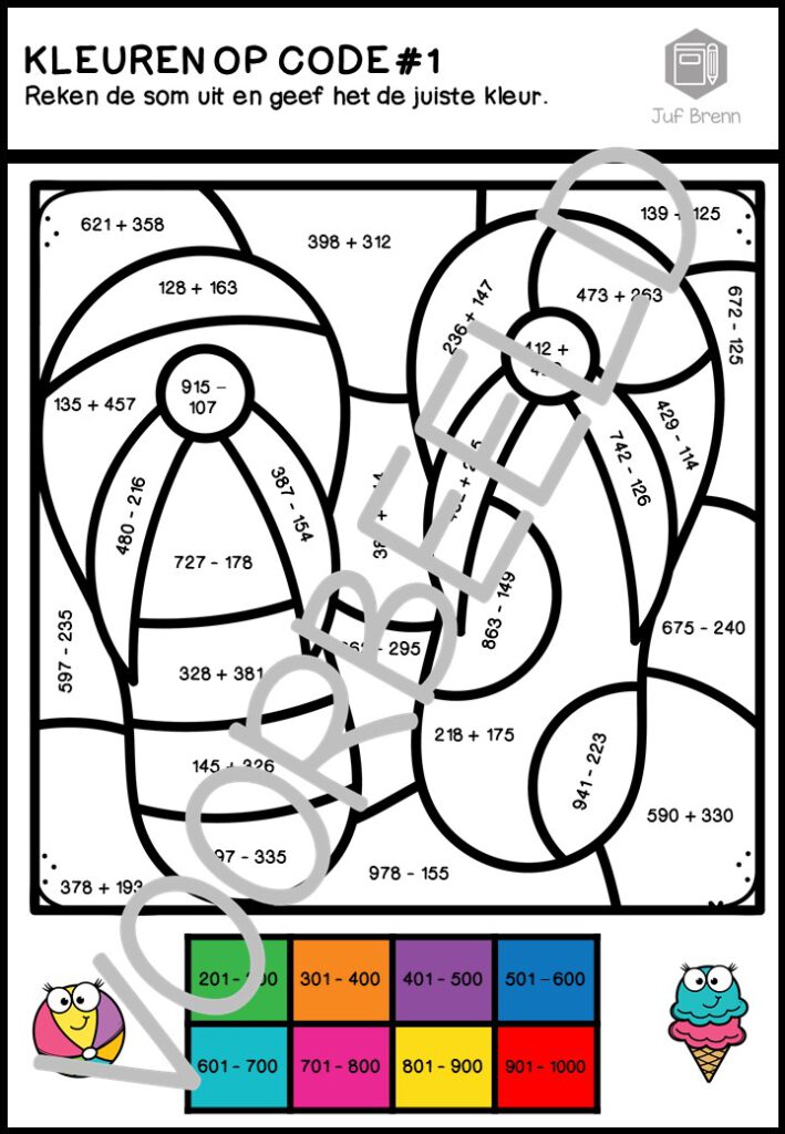 KLEUREN OP CODE: OPTELLEN & AFTREKKEN T/M 1000 SUMMER EDITION - Juf Brenn