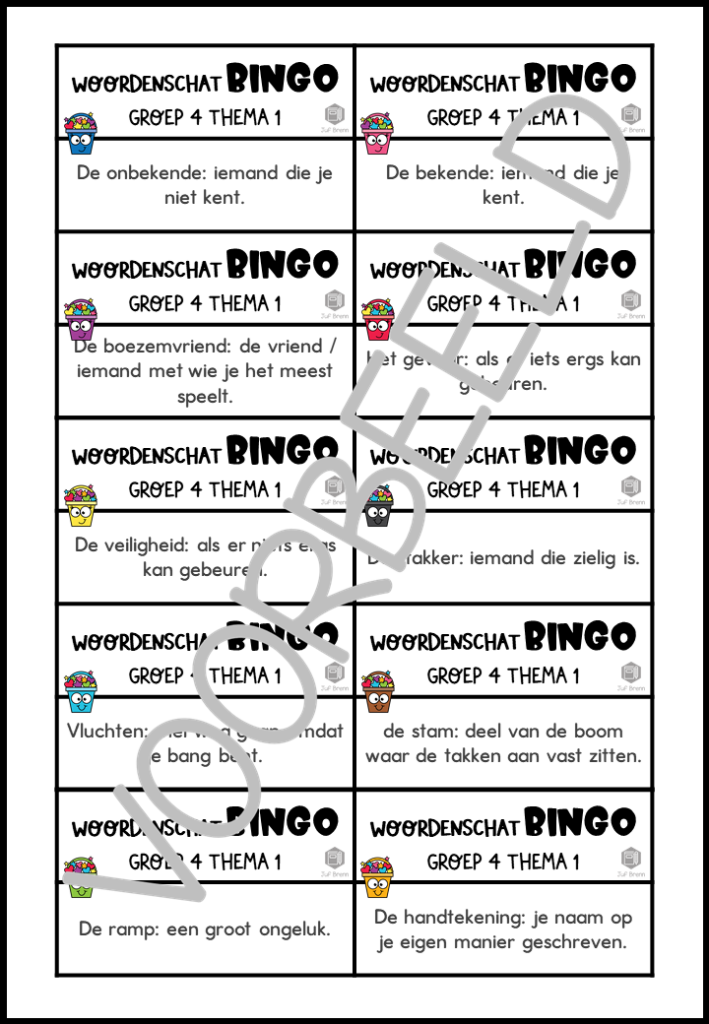 TAAL ACTIEF WOORDENSCHAT BINGO GROEP 4 THEMA 1 - Juf Brenn
