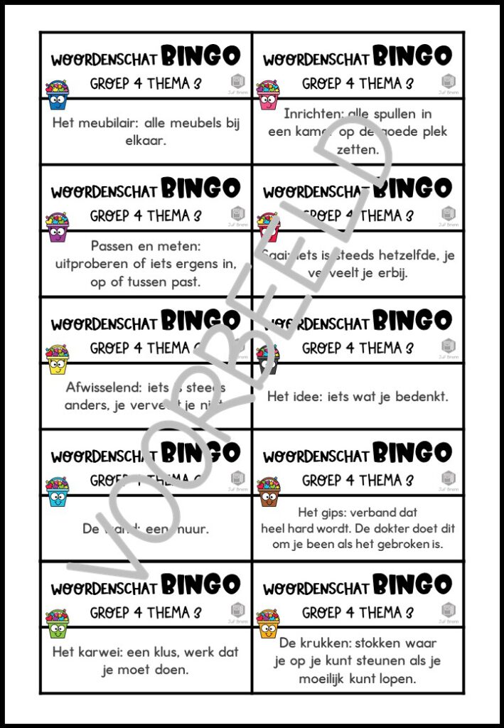 TAAL ACTIEF WOORDENSCHATBINGO GROEP 4 THEMA 3 - Juf Brenn