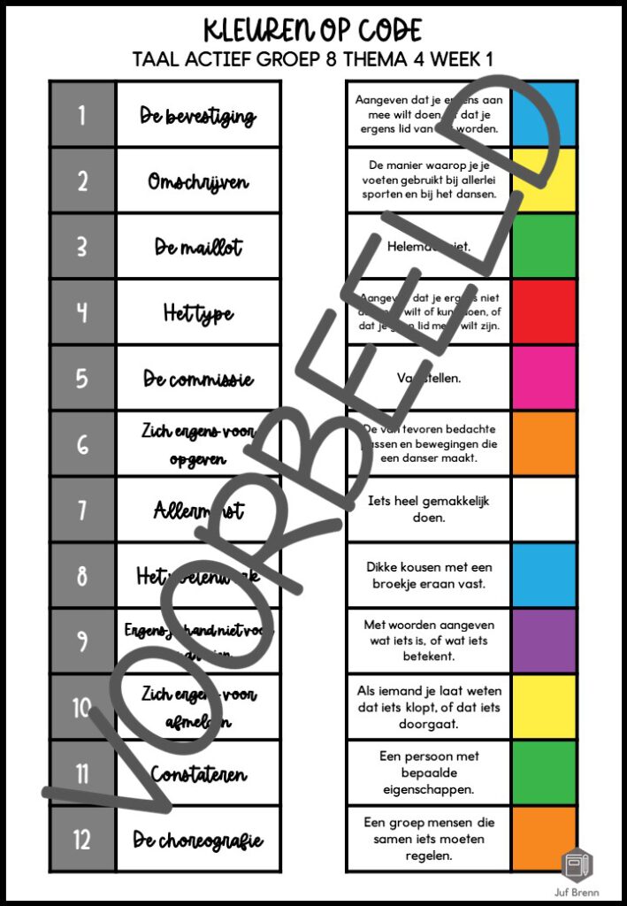 TAAL ACTIEF WOORDENSCHAT KLEUREN OP CODE GROEP 8 THEMA 4 - Juf Brenn