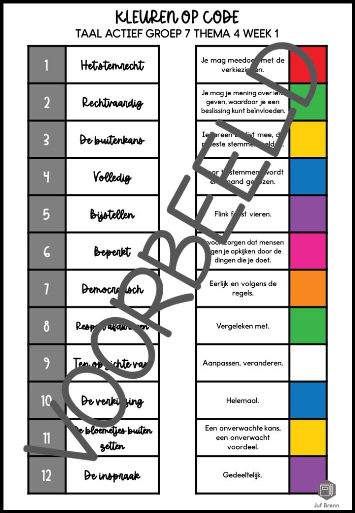 TAAL ACTIEF WOORDENSCHAT KLEUREN OP CODE GROEP 7 THEMA 4 - Juf Brenn