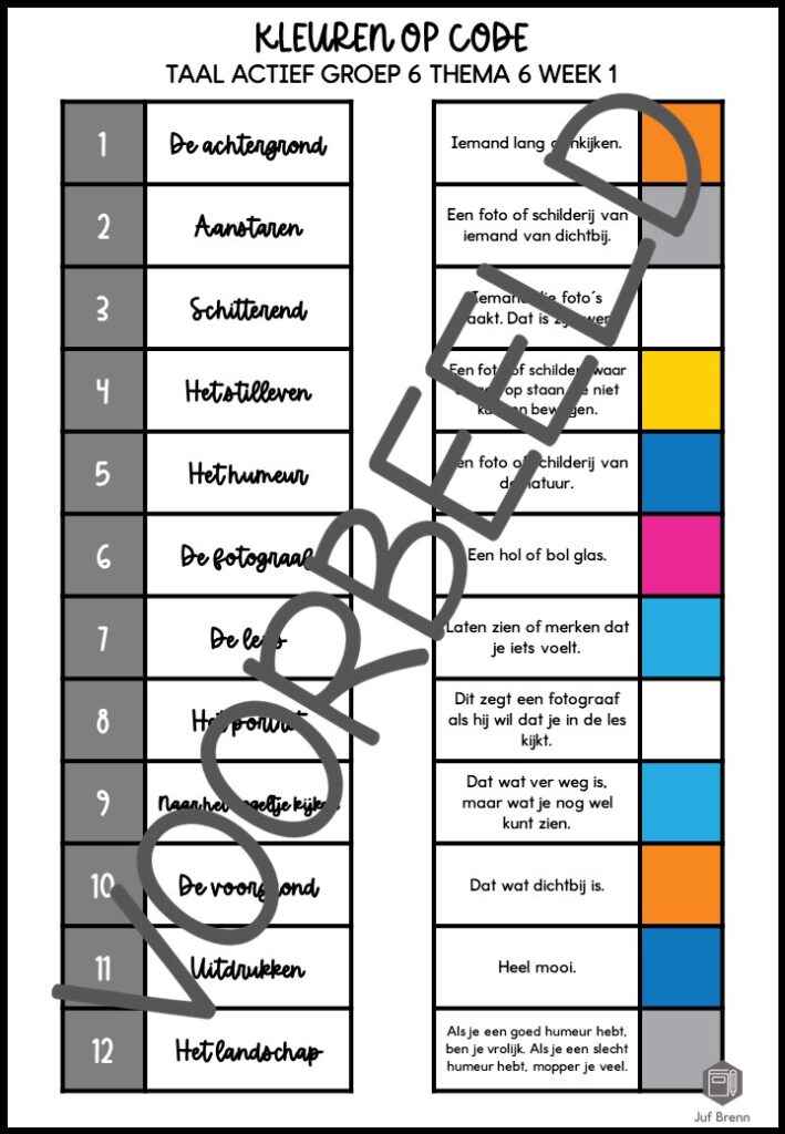 TAAL ACTIEF WOORDENSCHAT KLEUREN OP CODE GROEP 4 THEMA 6 - Juf Brenn