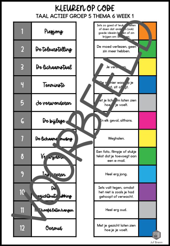 TAAL ACTIEF WOORDENSCHAT KLEUREN OP CODE GROEP 5 THEMA 6 - Juf Brenn