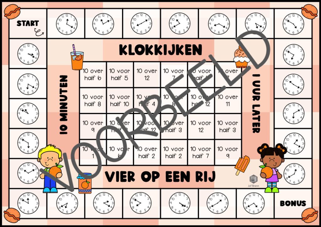 VIER OP EEN RIJ: KLOKKIJKEN 10 MINUTEN 1 UUR EERDER/LATER - Juf Brenn